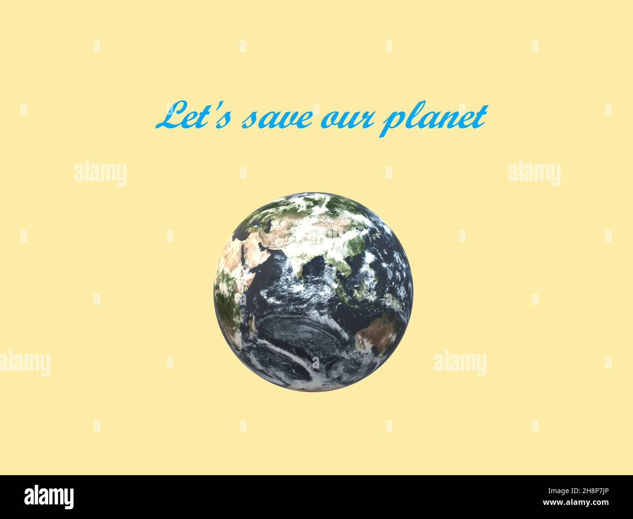 3D illustration. Pastel yellow background and blue "Let's save our planet" inscription above the ...