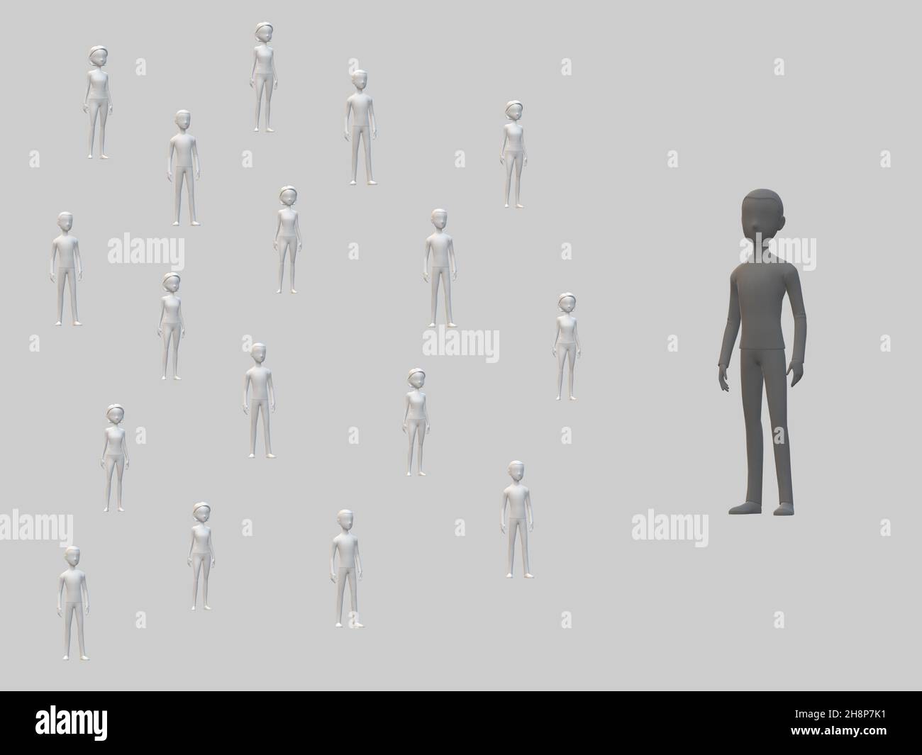 3D illustration. Pastel grey background with one dark grey man - leader ...