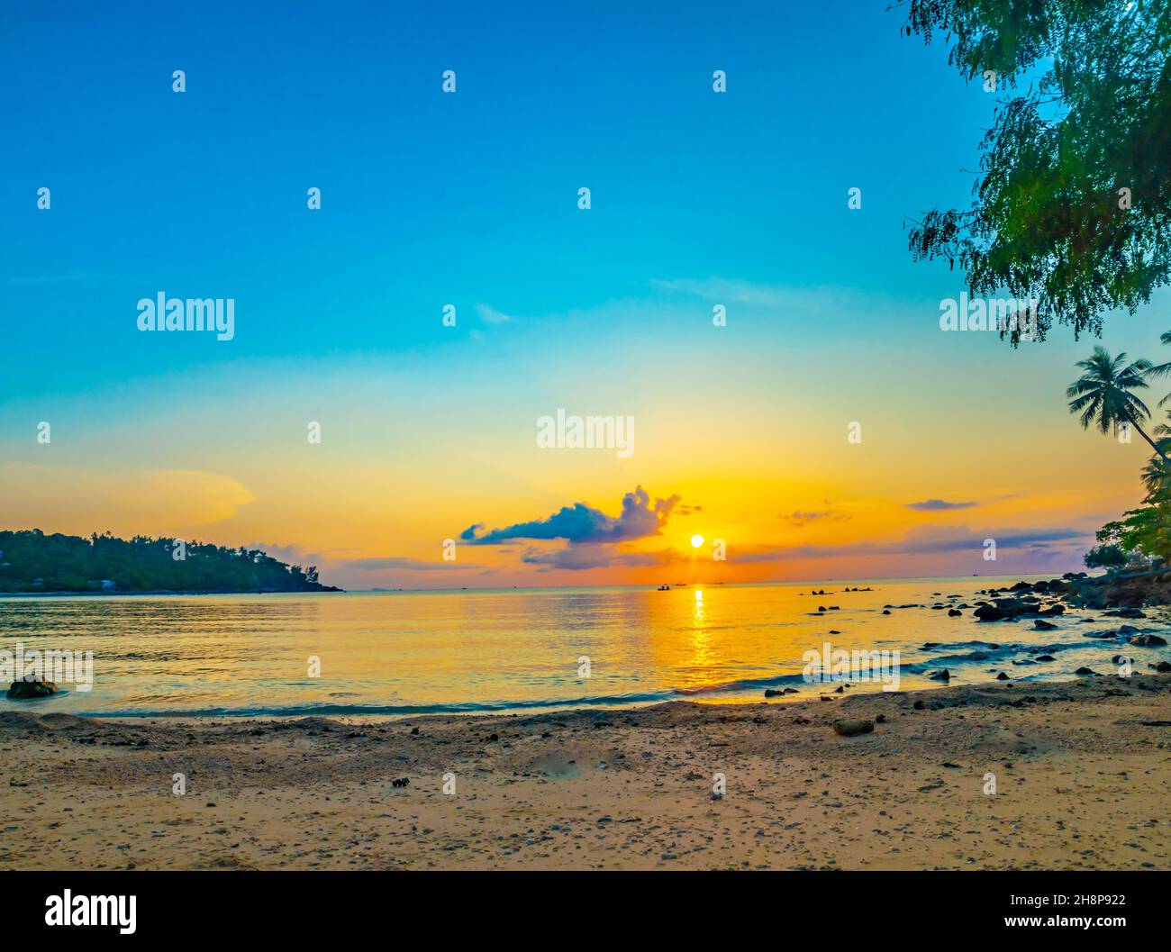 Beautiful tropical sunset scenery,palm tree. White sand, sea view with ...