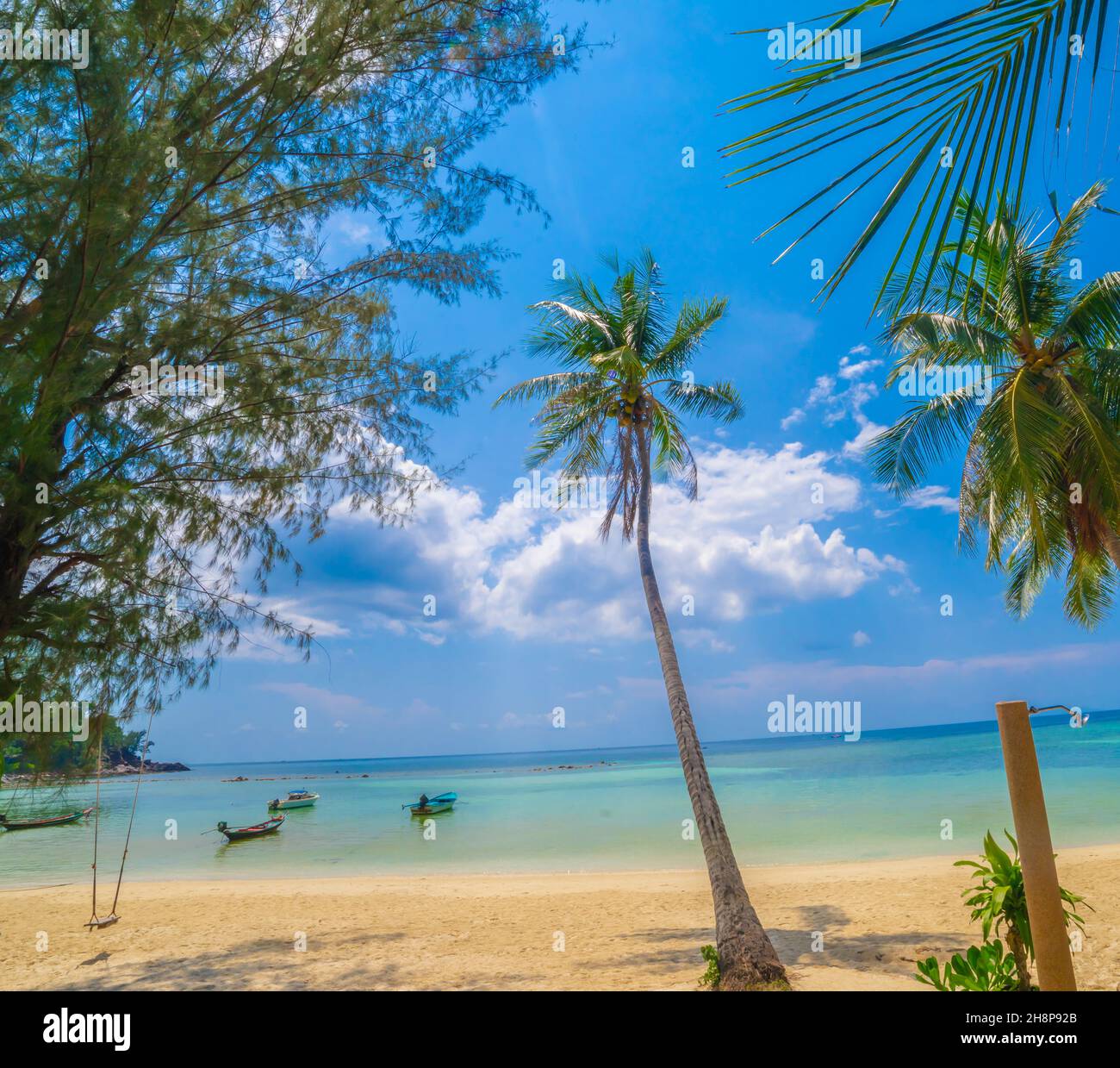 Beach on the tropical island. Clear blue water, sand and palm trees ...