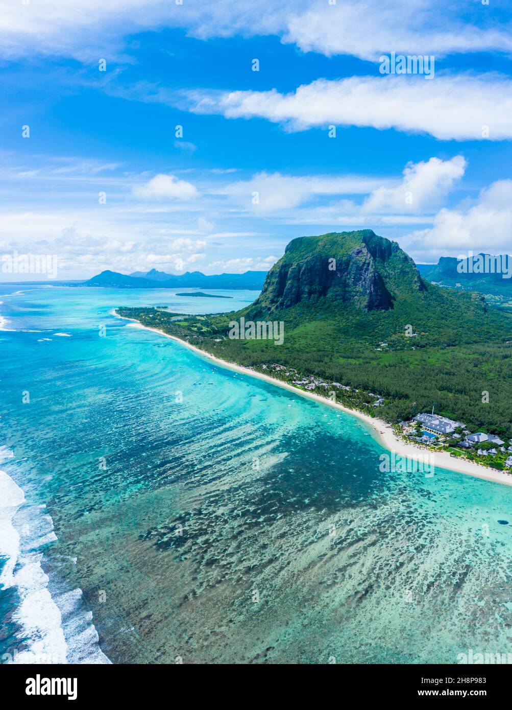 Aerial panoramic view of Mauritius island - Detail of Le Morne Brabant ...