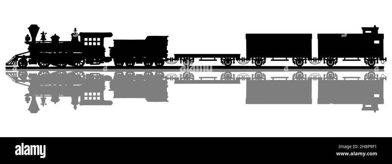 Hand drawing of a black silhouette of a vintage american steam train ...