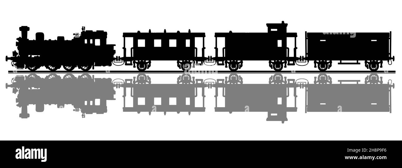Hand drawing of a black silhouette of an old steam train and the shadow ...