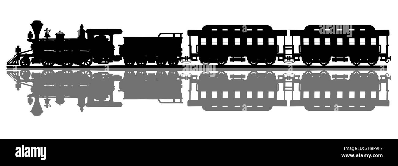 Hand drawing of a black silhouette of a vintage american steam train ...