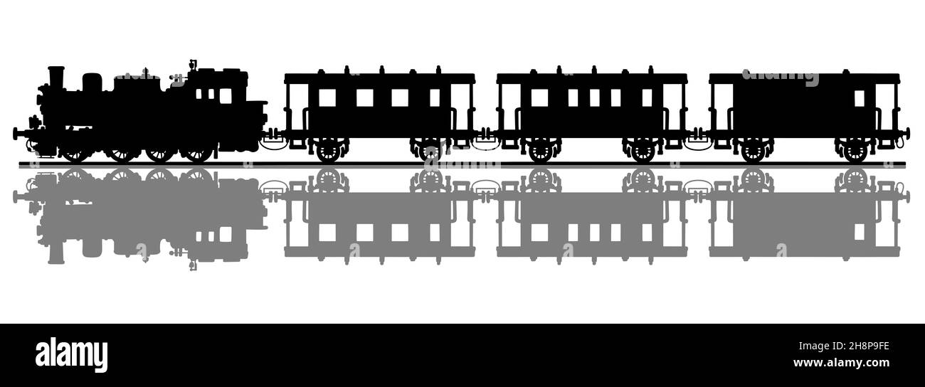 Hand drawing of a black silhouette of a vintage steam train with a ...