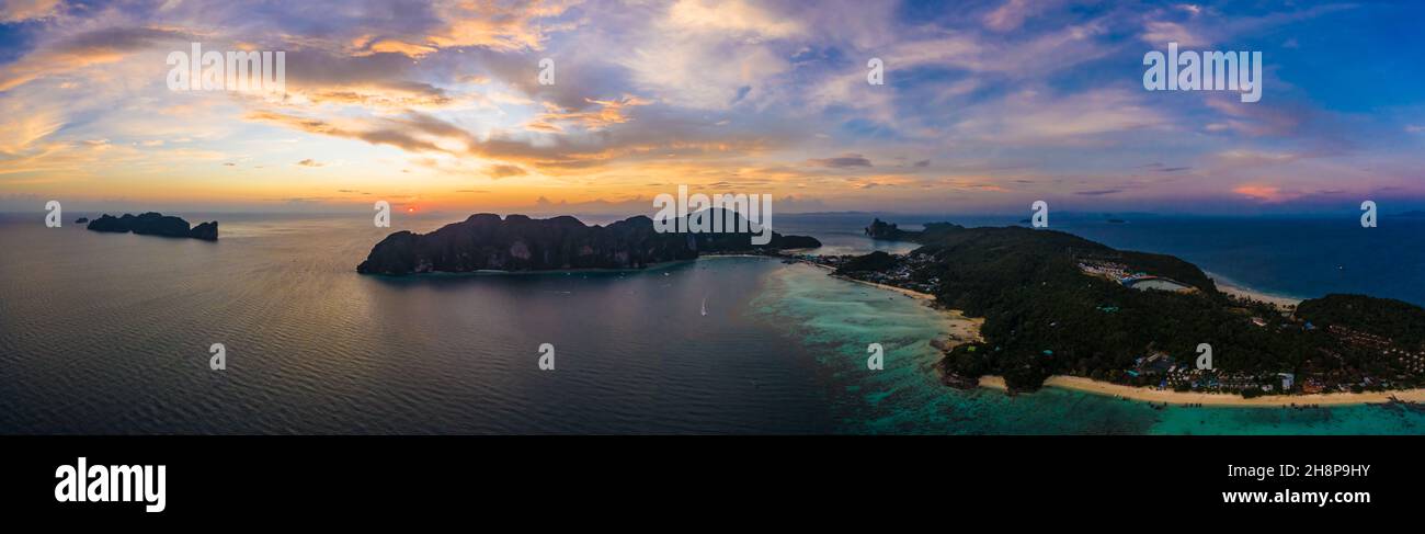Amazing sunset aerial view of Nui Beach from drone. Ko Phi Phi Don, Thailand. Andaman Sea Stock ...