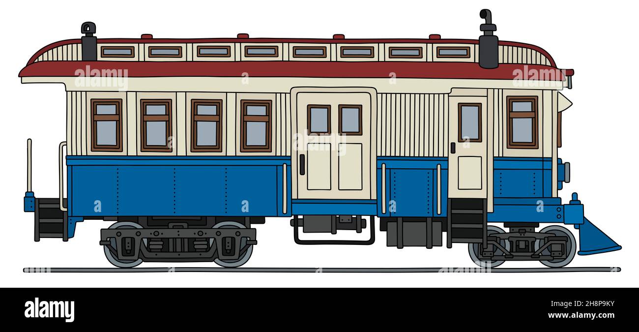 Hand drawing of a retro blue and white small motor passenger train ...