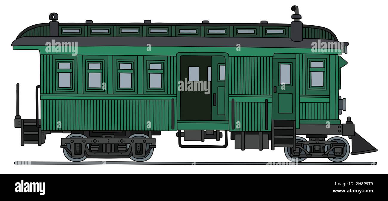 Hand drawing of a classic green small motor railcar Stock Photo - Alamy