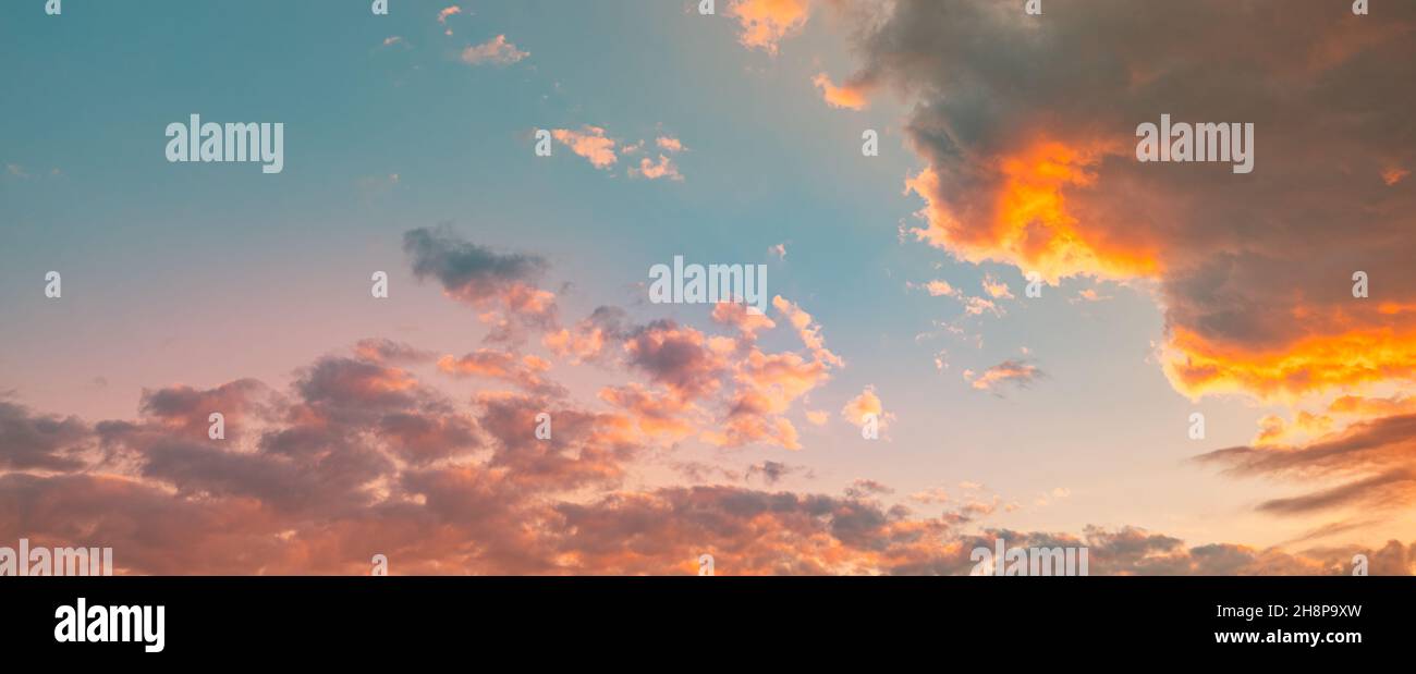 Wide angle view of sunset sunrise sky. Colorful sunset twilight sky ...