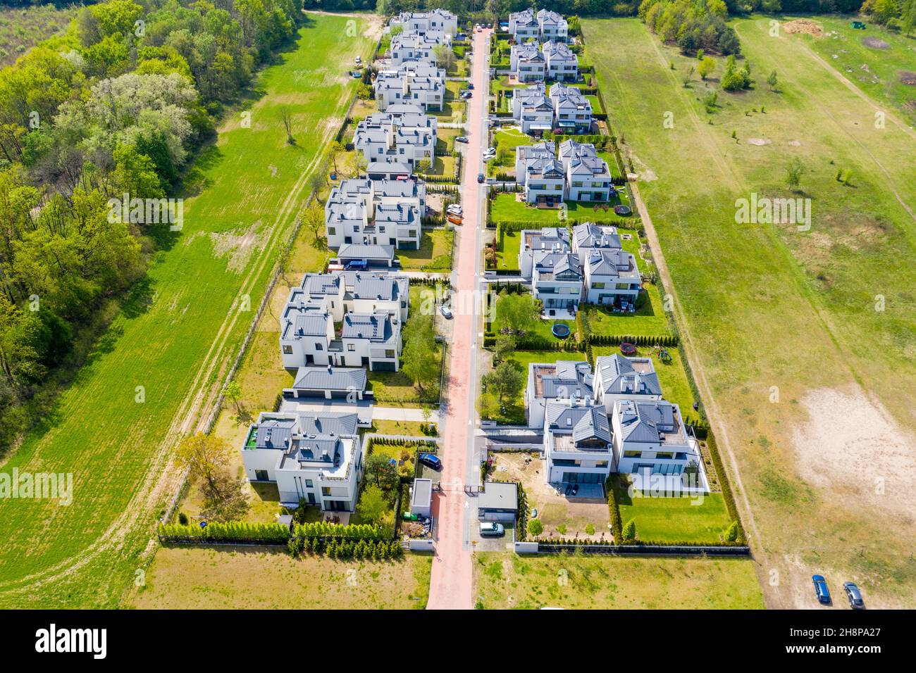 Aerial view of residential houses neighborhood and apartment building ...