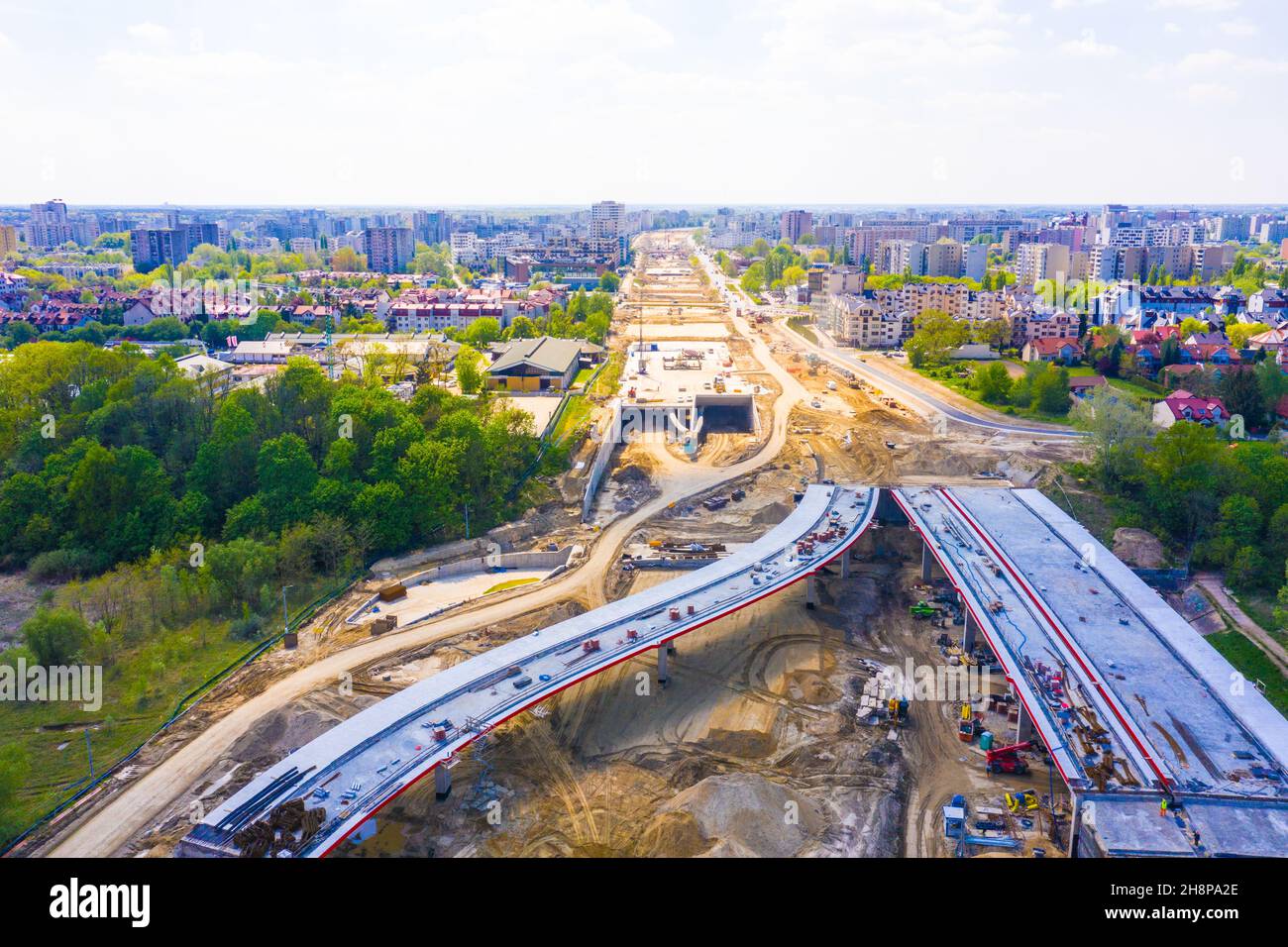 aerial top view on the new road construction site. building of new city ...