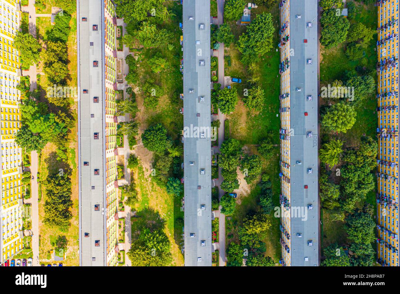 Drone view of long residential building , aerial view summer time Stock ...