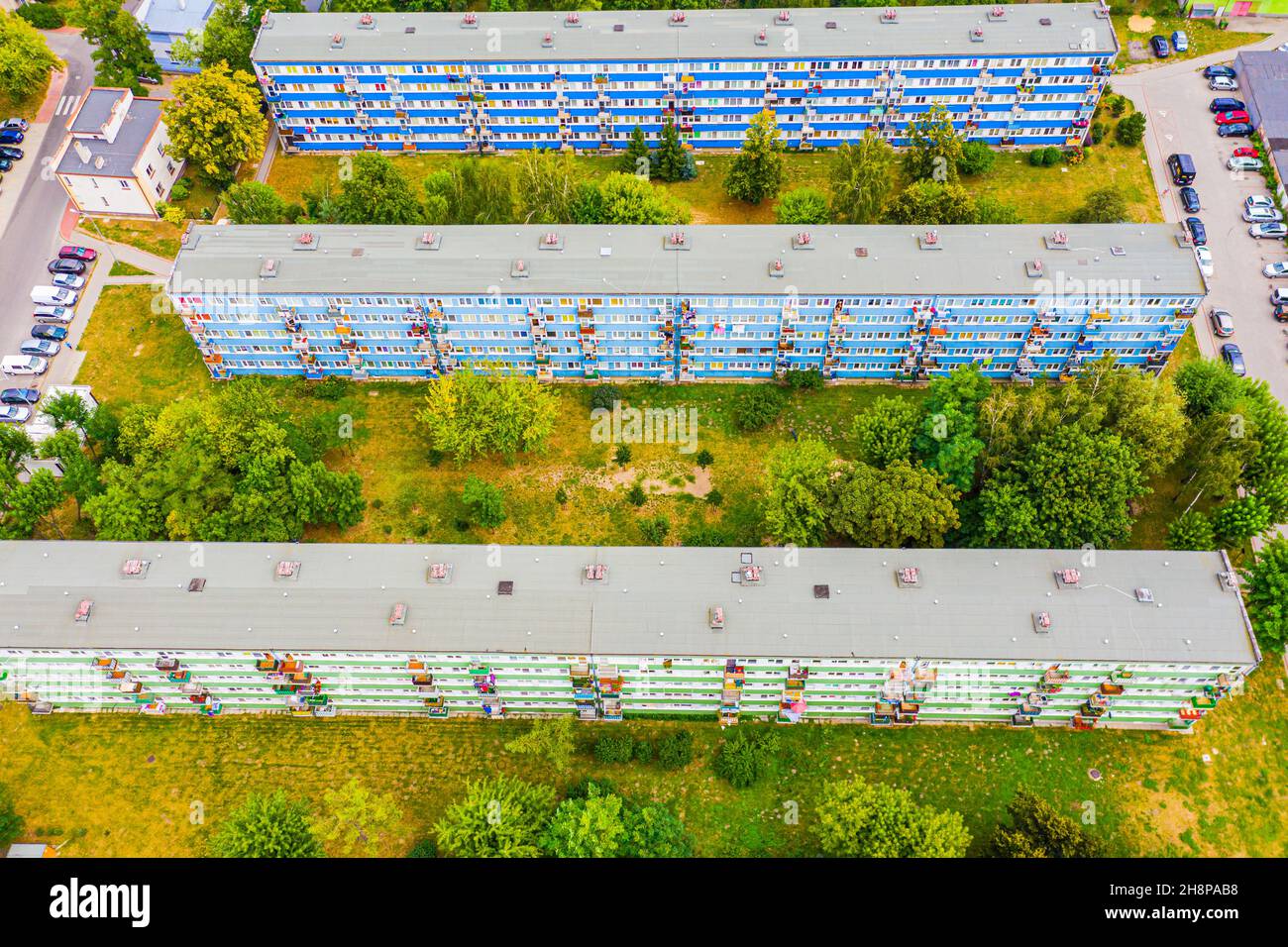 Drone view of long residential building , aerial view summer time Stock ...