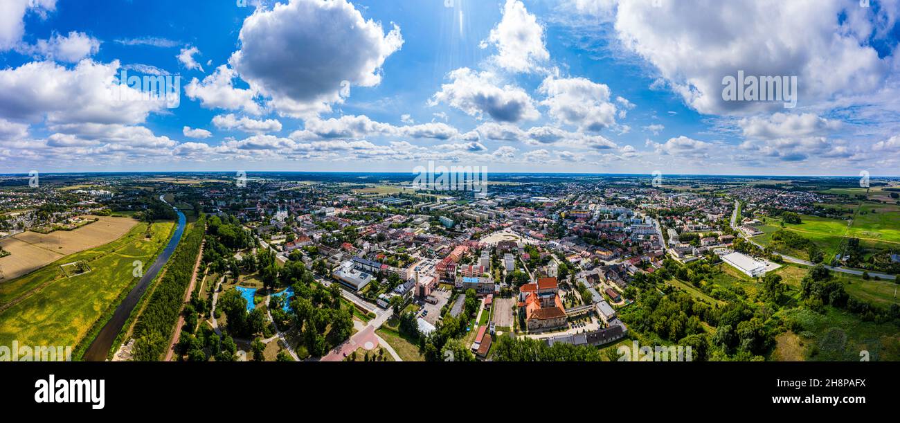 Top aerial panoramic view of Lowicz old town historical city centre ...
