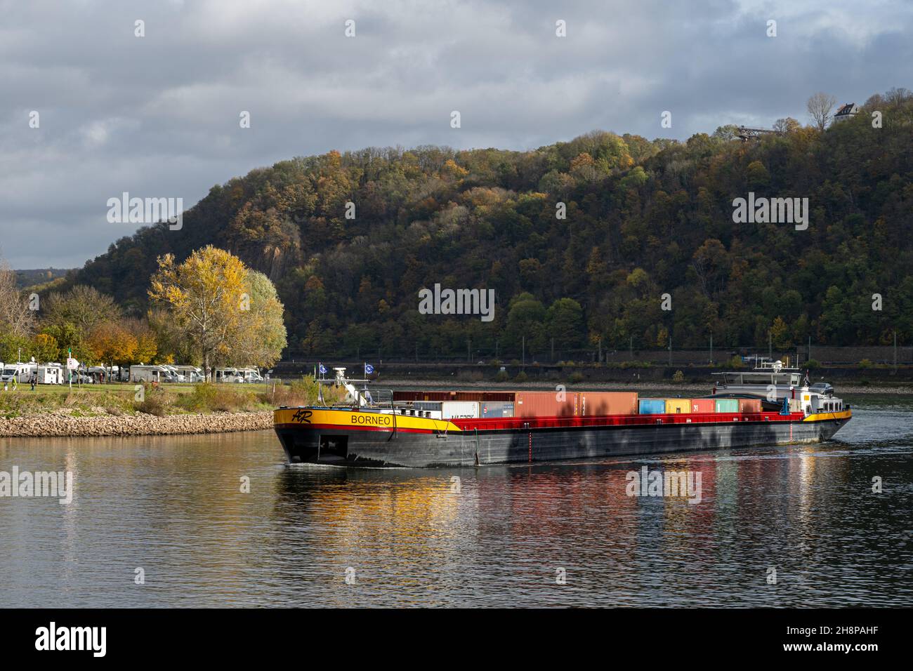 November 1, 2021 - Koblenz, Germany: A river barge at the German Corner ...