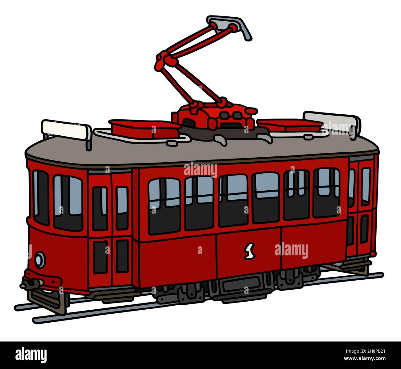 Hand drawing of a classic dark red electric tramway Stock Photo - Alamy