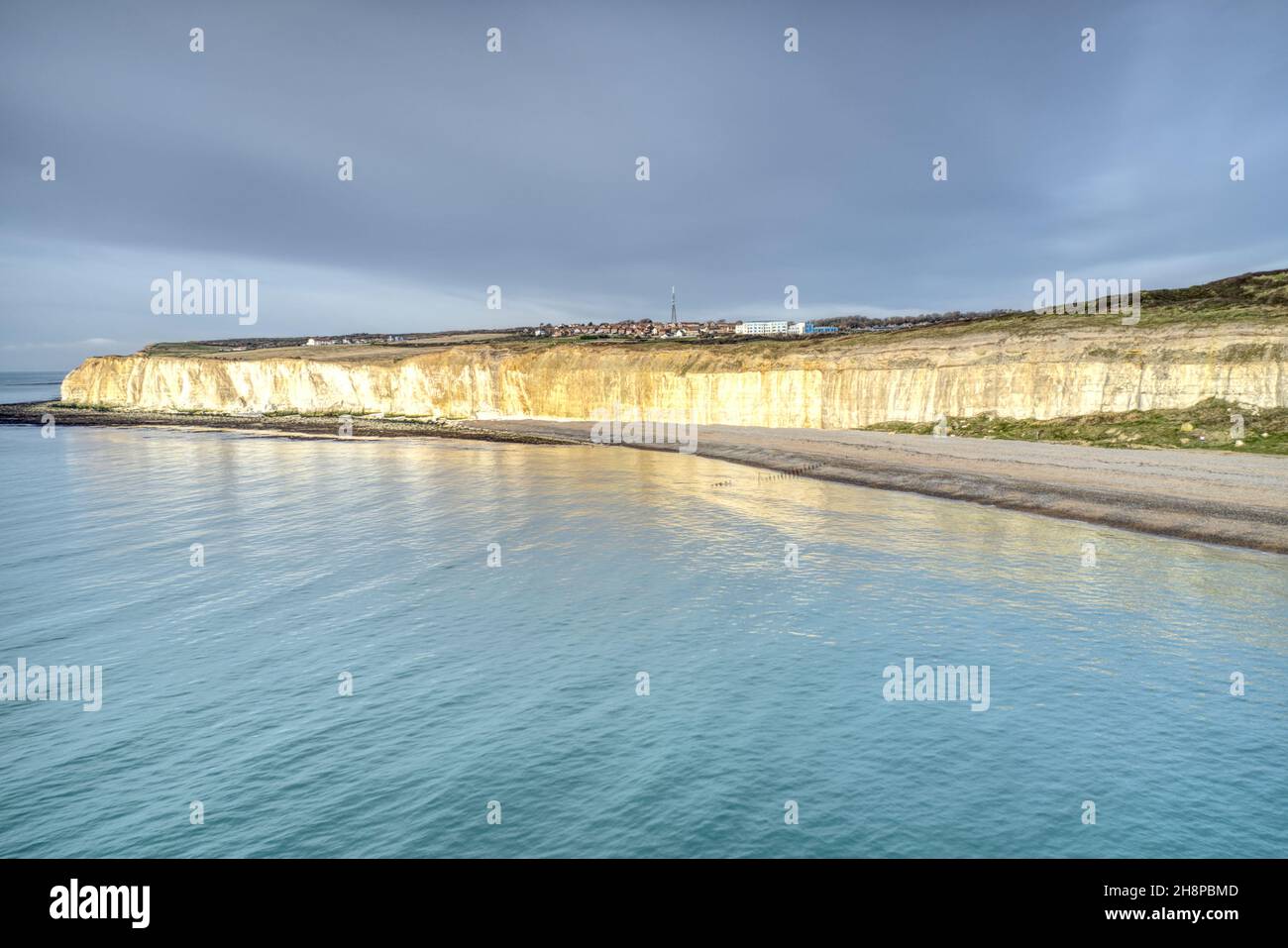 Aerial photo along Newhaven Beach heading towards the white cliffs of ...
