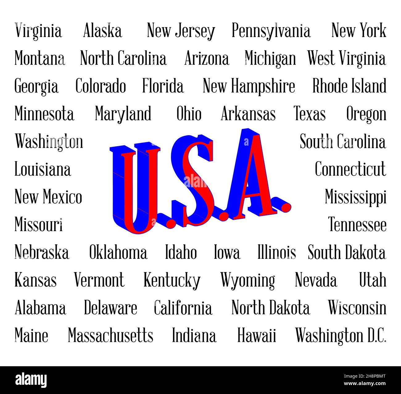The text USA surounded by the 50 state names set over a white ...