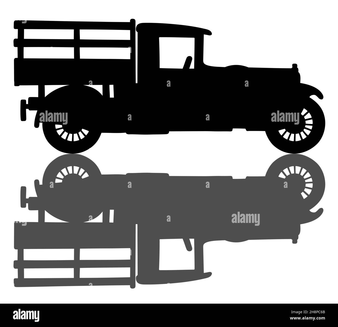 Hand drawing of a black silhouette of a vintage lorry with a shadow ...