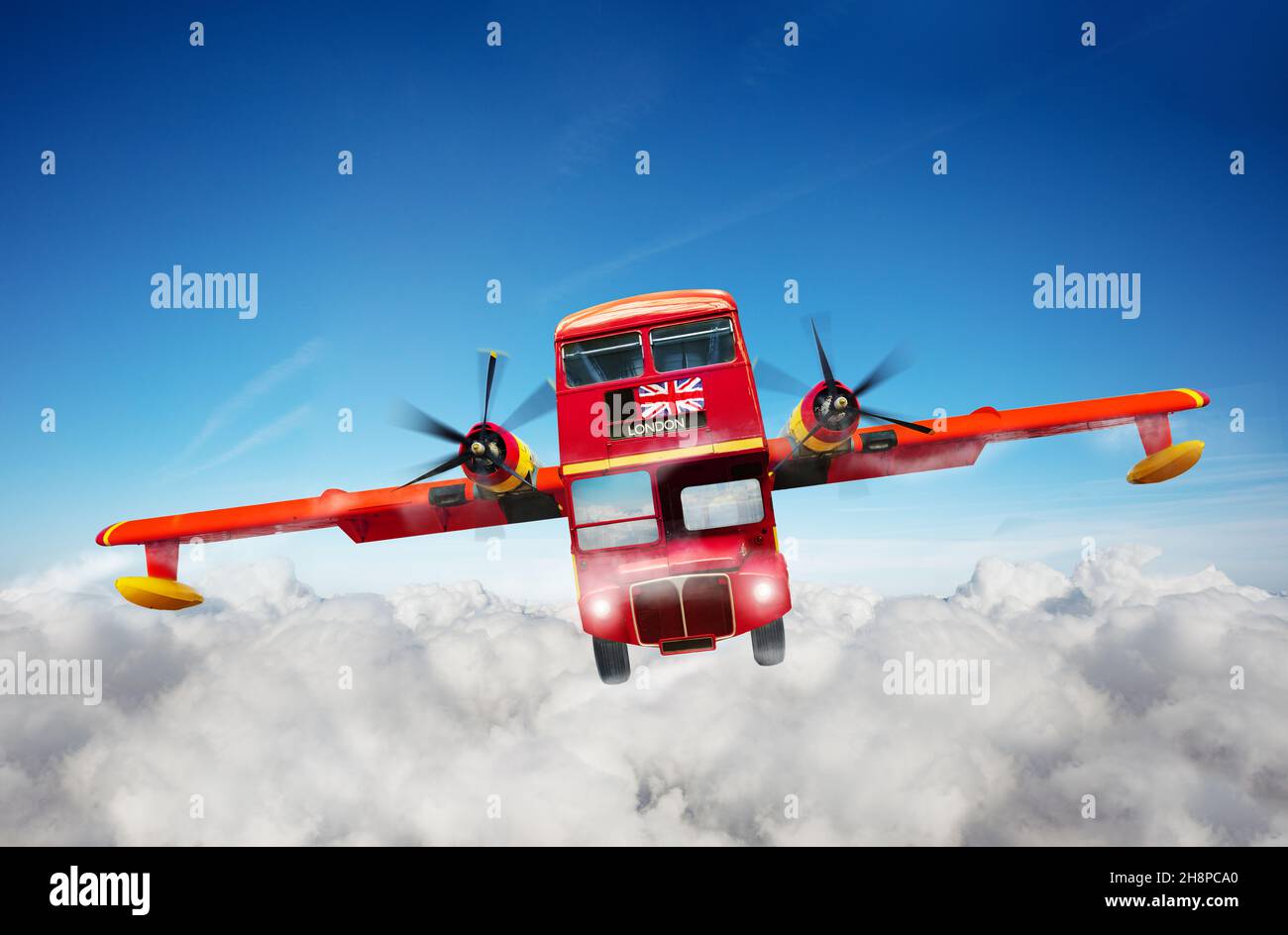 Flight to UK and London decker bus as airplane Stock Photo - Alamy