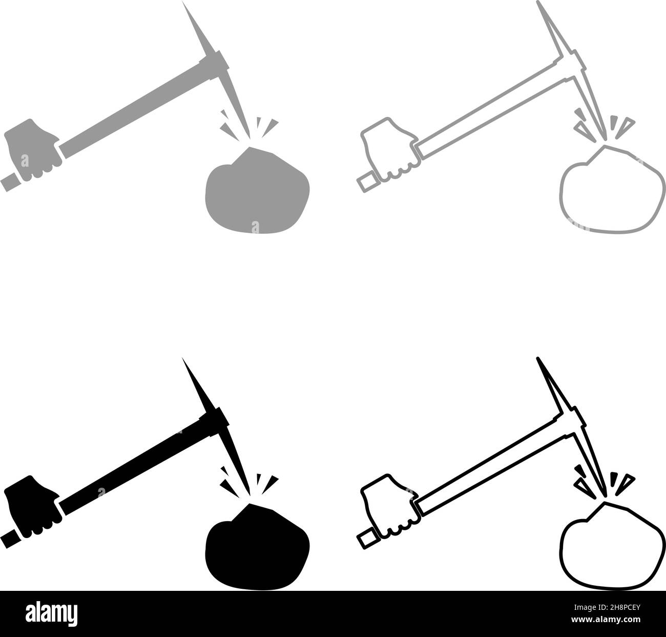 Pickaxe hit stone in hand set icon grey black color vector illustration ...