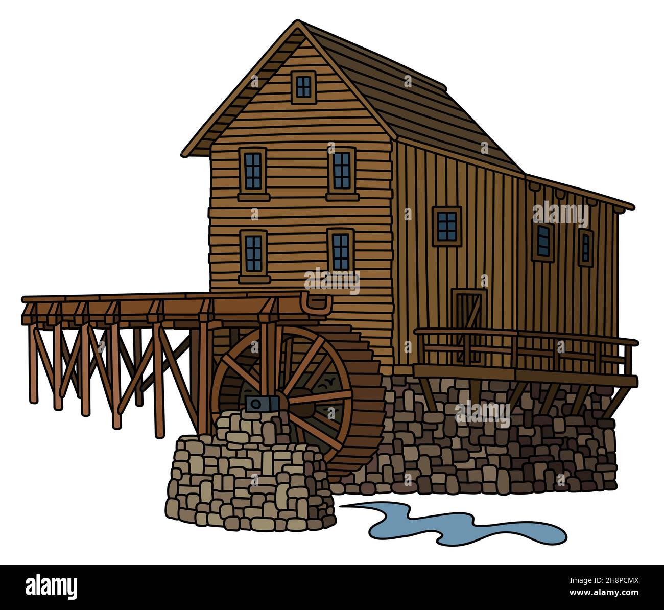Hand drawing of an old wooden watermill Stock Photo - Alamy