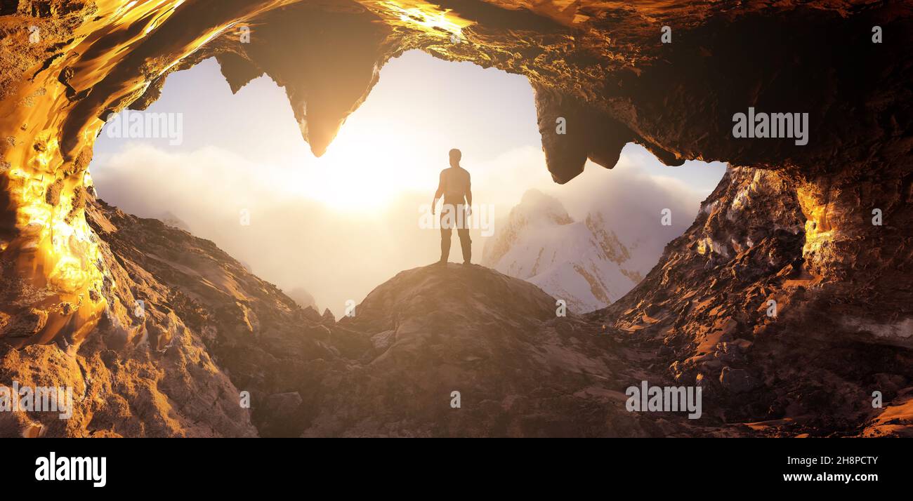 Dramatic Adventurous Scene with Man standing inside a Cave Stock Photo ...