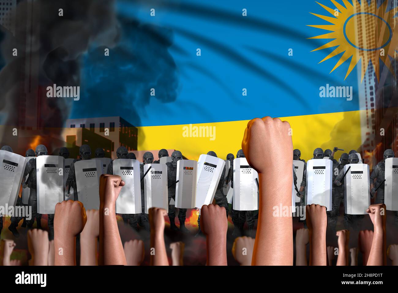 Protest in Rwanda - police squad stand against the angry crowd on flag ...