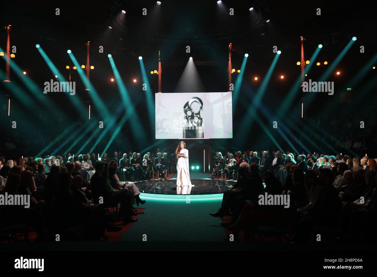 Presenter Gina Dirawi at the 2021 Right Livelihood Award ceremony at Cirkus, in Stockholm ...