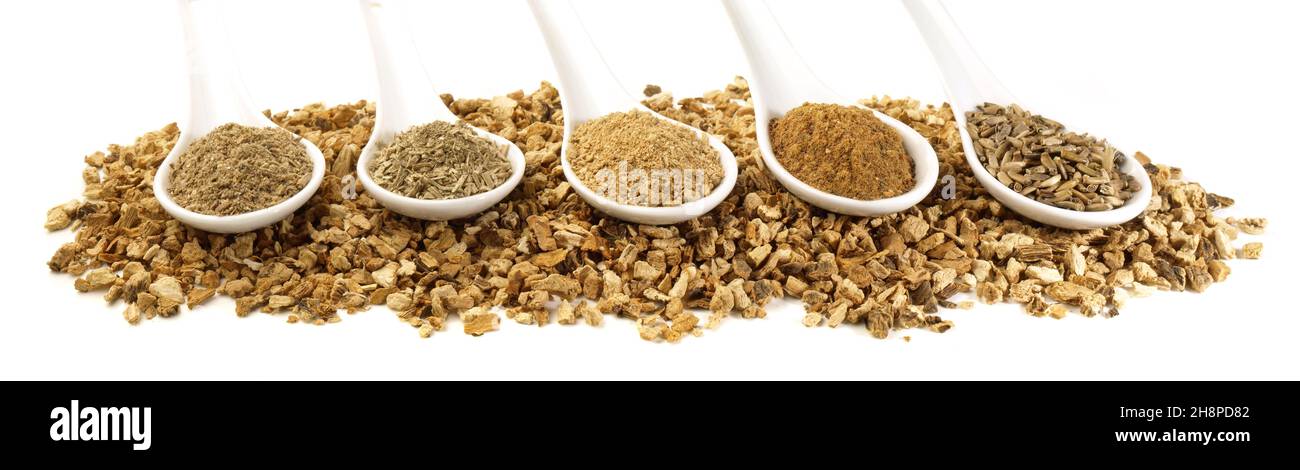 Various Bitter Substances in Porcelain Spoons isolated on white ...