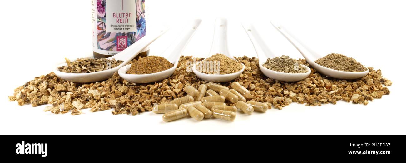 Various Bitter Substances in Porcelain Spoons isolated on white ...