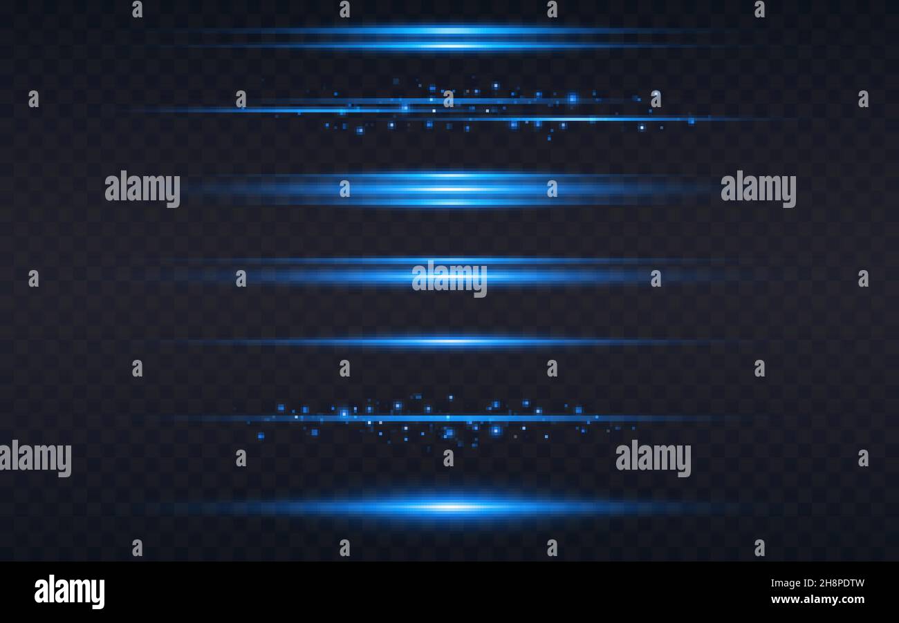 Light lines. Blue horizontal lights set. Neon glowing elements with ...