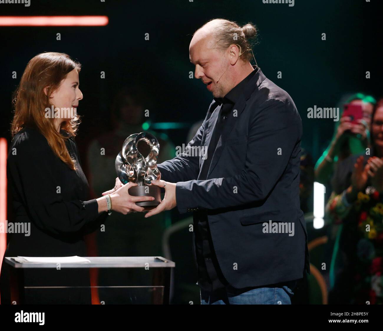 Laureate Vladimir Slivyak, Russia, receives the prize from Luisa Neubauer at the 2021 Right ...