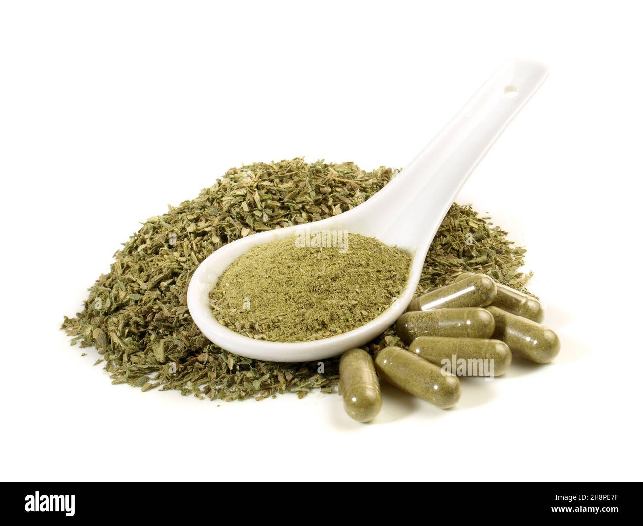 Olive Leaf Extract with Powder and Capsules isolated on white ...
