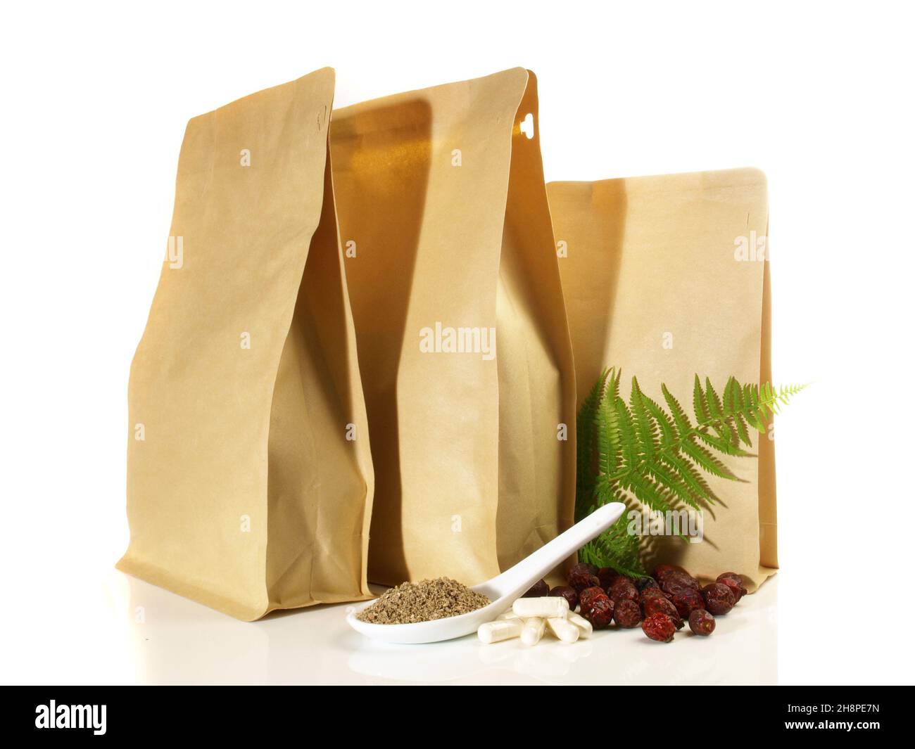 Different size paper bags with foods and nutrients isolated on white ...