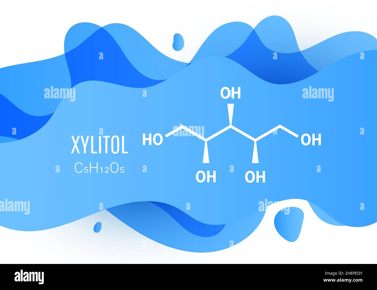 Xylitol artificial sweetener molecule with liquid fluid shapes on white ...