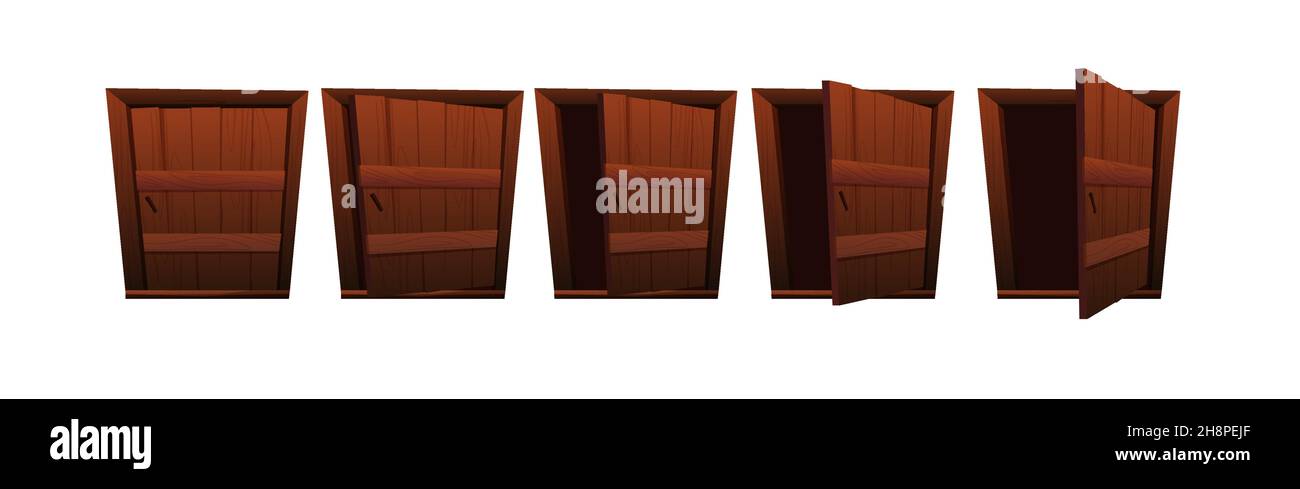Opening vintage wooden door stages for animation in 2d game. Cartoon ...