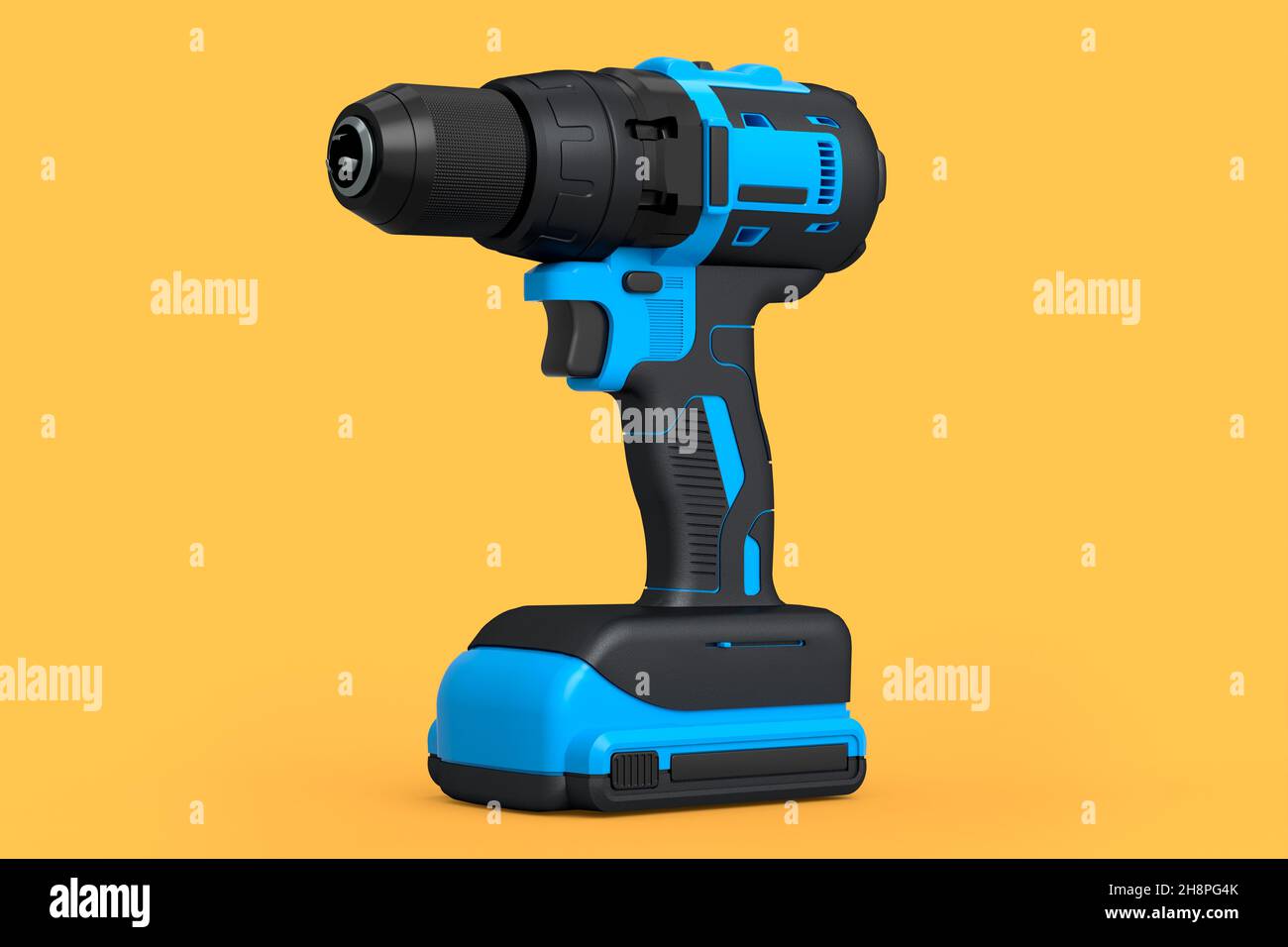Cordless drill or blue screwdriver isolated on yellow background. 3d ...