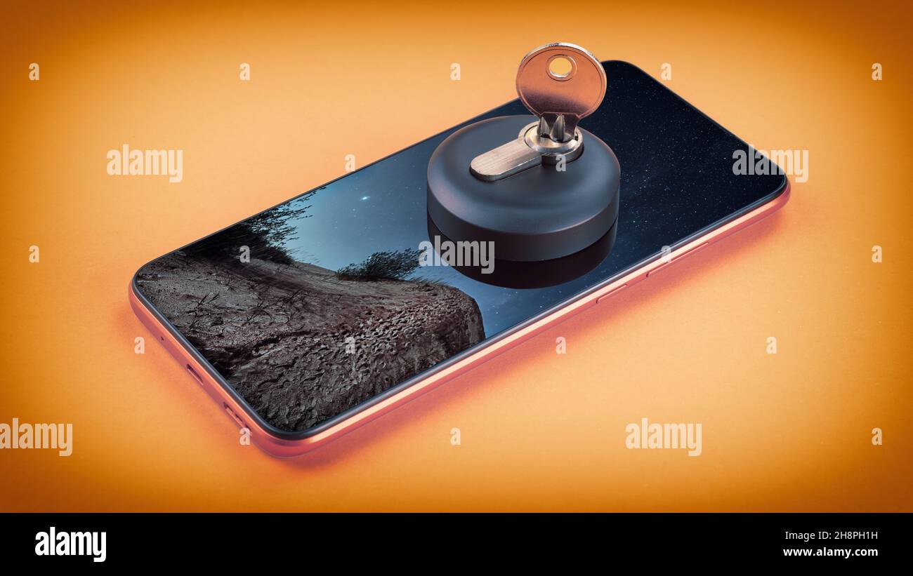 Locked smartphone with a screensaver, a keyhole and a key in it ...
