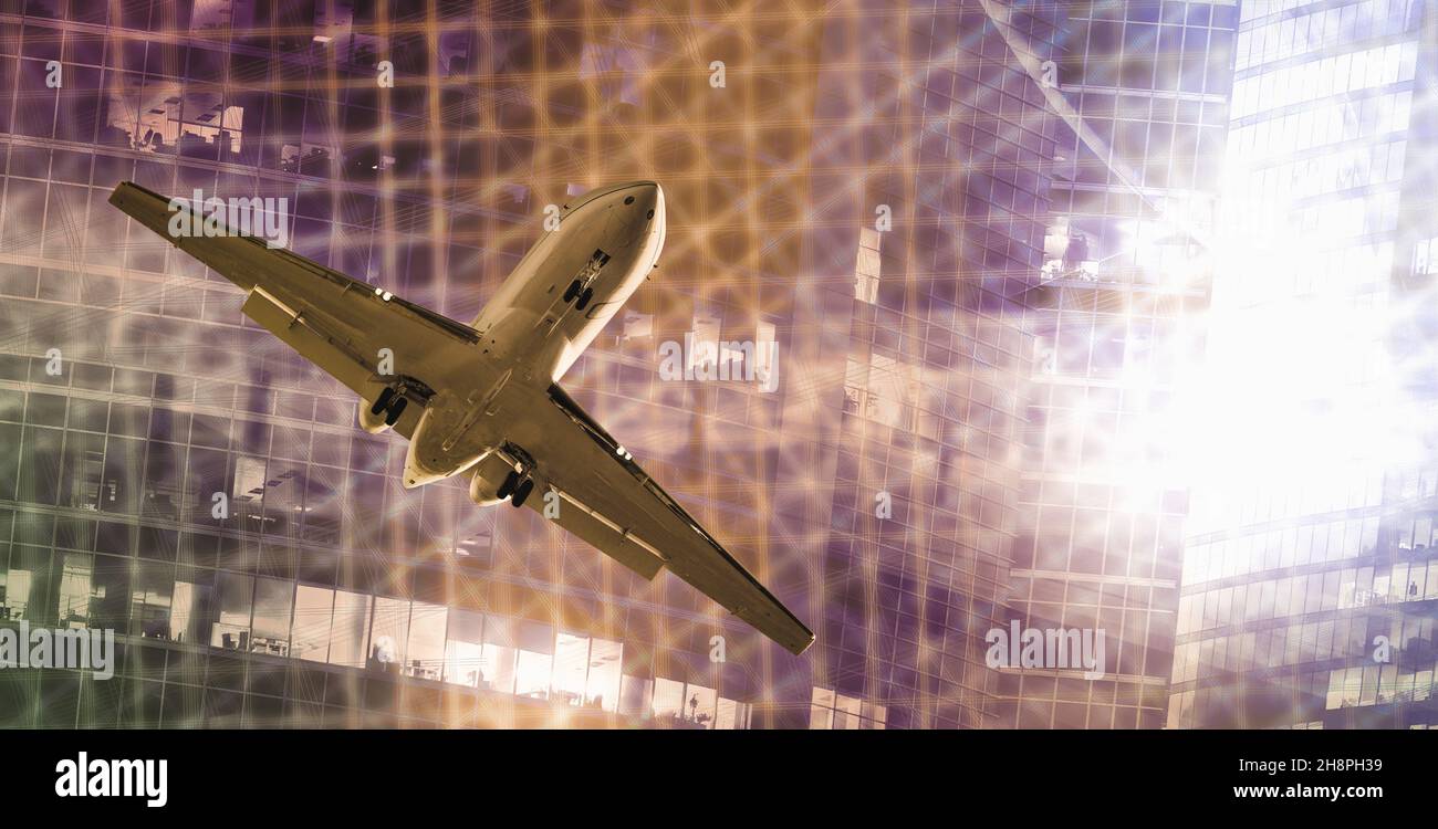 Plane flying on skyscrapers and binary key background Stock Photo - Alamy