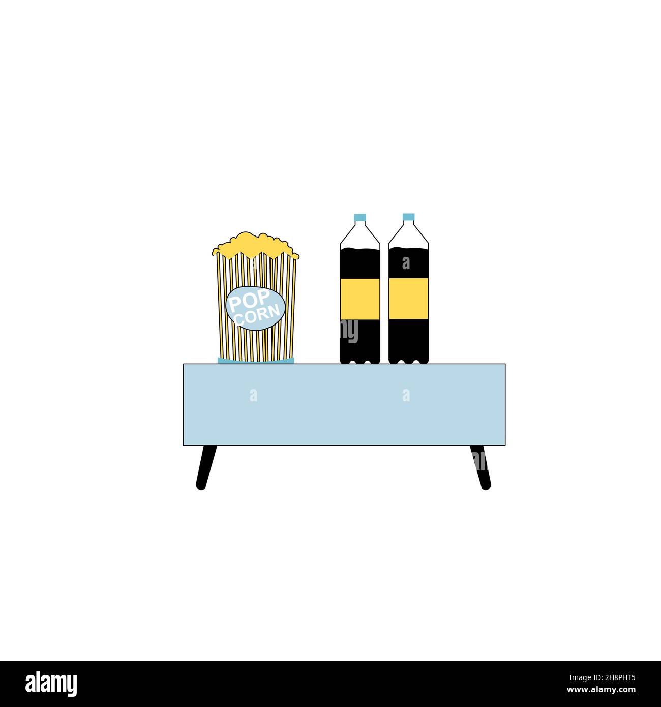 Flat cartoon popcorn bag and cola bottles on table,fast food diet and ...
