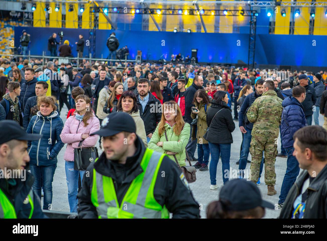 Kiev, Ukraine April 19, 2019: crowd of spectators, police, army and ...