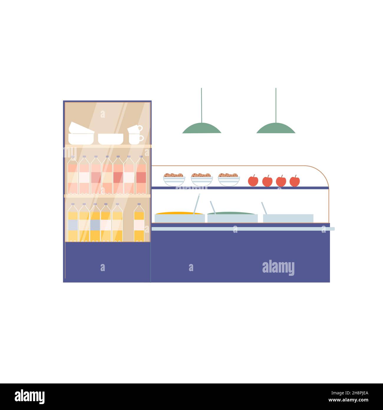 Flat cartoon food and drinks in display window and fridge,fast food ...