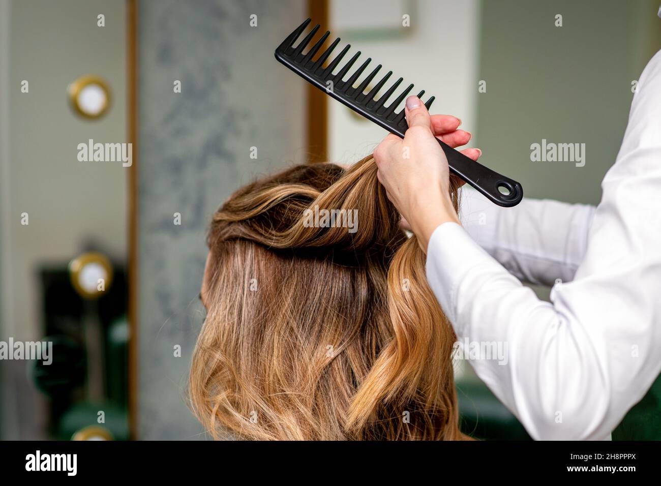 A female hairdresser is combing the long brown hair of a young woman at ...