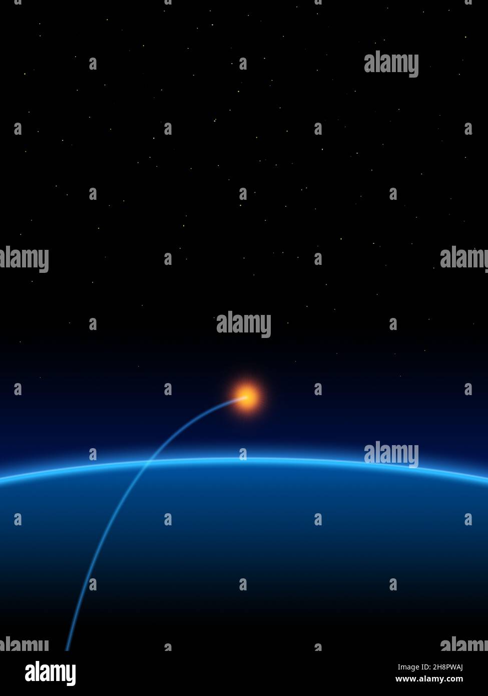 A blueish line with a glowing blast orbiting in space over a planet ...