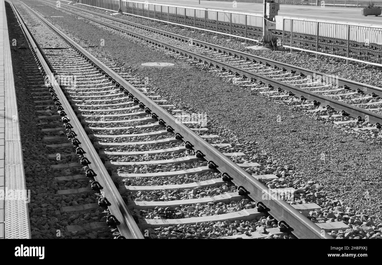 Railway or railroad tracks for train transportation in station Stock ...