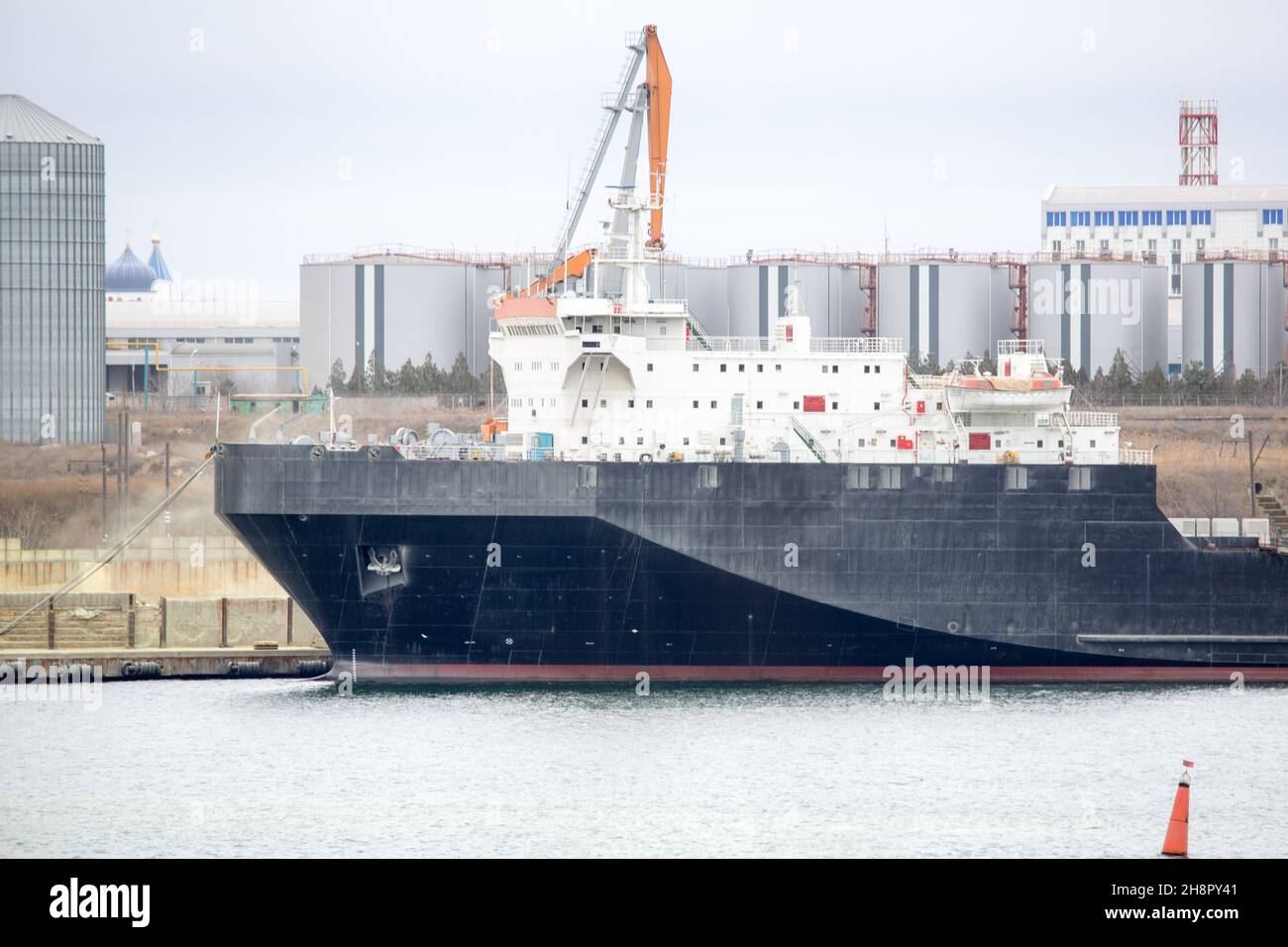 Part of RORO ship close up in port at on ferry. ferryboat terminal on ...
