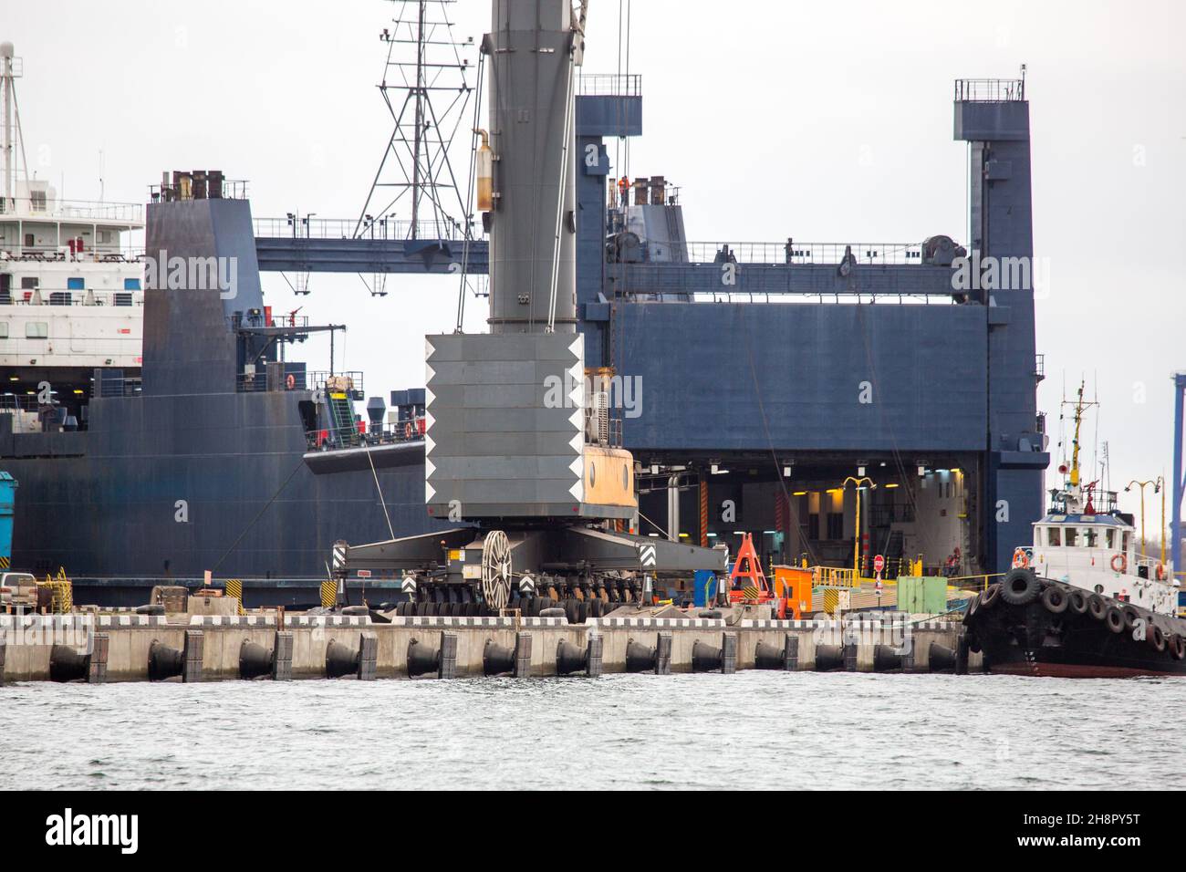 RORO ship in port at on ferry. ferryboat terminal on loading, unloading ...