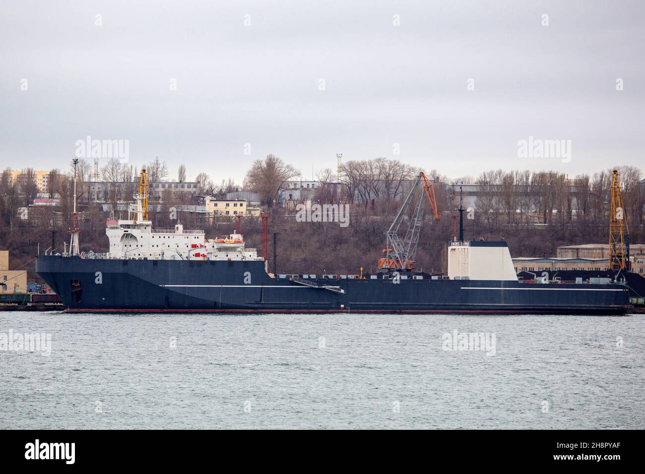 RORO ship in port at on ferry. ferryboat terminal on loading, unloading ...