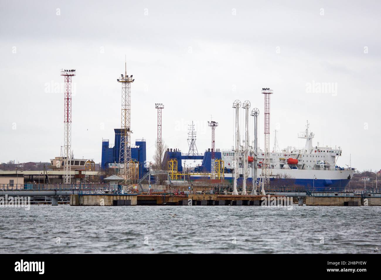 RORO ship in port at on ferry. ferryboat terminal on loading, unloading ...